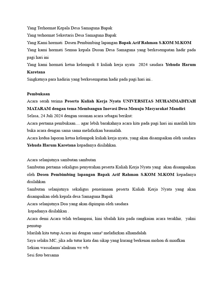 Rundown Acara Serah Terima KKN Desa Samaguna | PDF