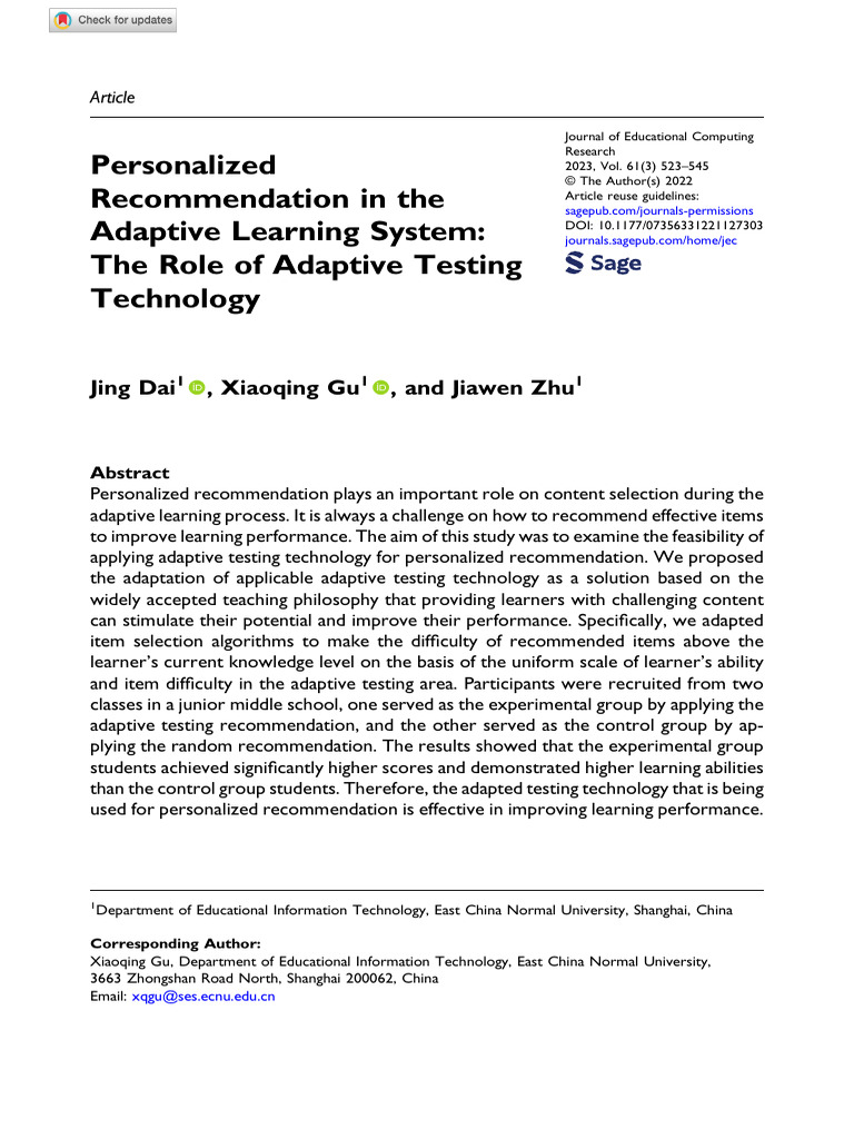 Dai Et Al 2022 Personalized Recommendation in The Adaptive Learning System The Role of Adaptive ...
