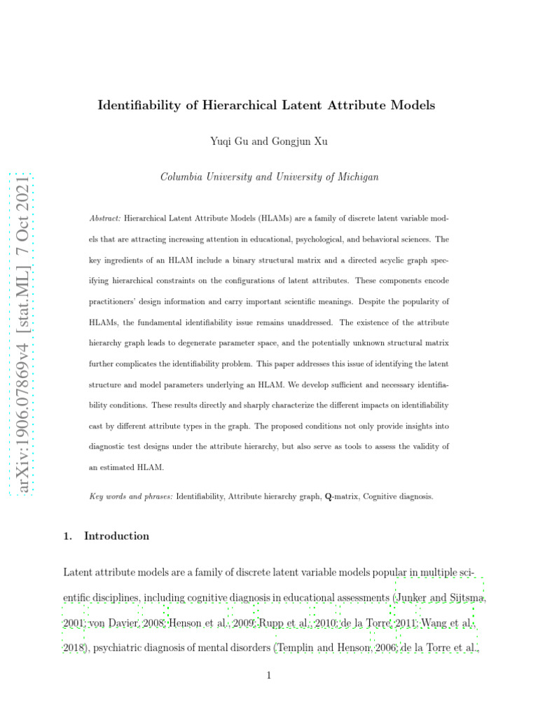 Identifiability of Hierarchical Latent Attribute Models | PDF | Bayesian Network | Matrix ...
