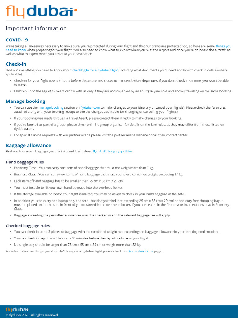 Booking Terms and Conditions - Flydubai - Important - Information | PDF