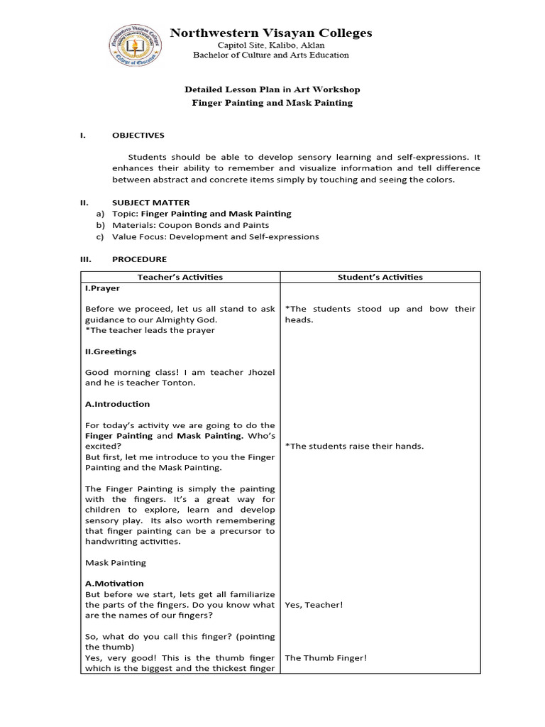 Art Workshop Lesson Plan: Finger & Mask Painting | PDF | Paintings | Paint