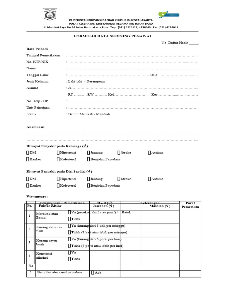 Form Skrining Pegawai MCU JB 2024 | PDF