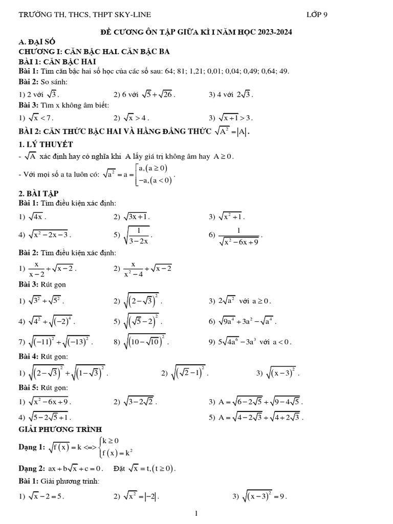 De Cuong On Tap Giua Hoc Ky I Toan 9 Nam 2023 - 2024 | PDF