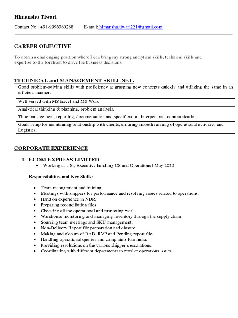 Himanshu CV-1 | PDF | Supply Chain Management | Logistics
