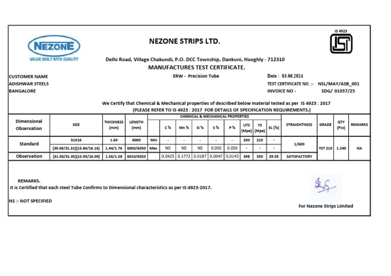 Adishwar Steels Test Certificate Summary | PDF | Materials | Building ...