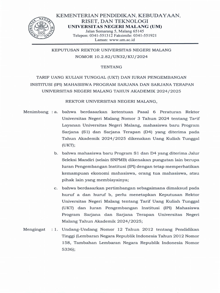 SK 2024 Tentang UKT IPI Untuk Sarjana Dan Sarjana Terapan Tahun Akademik 2024 2025 | PDF ...