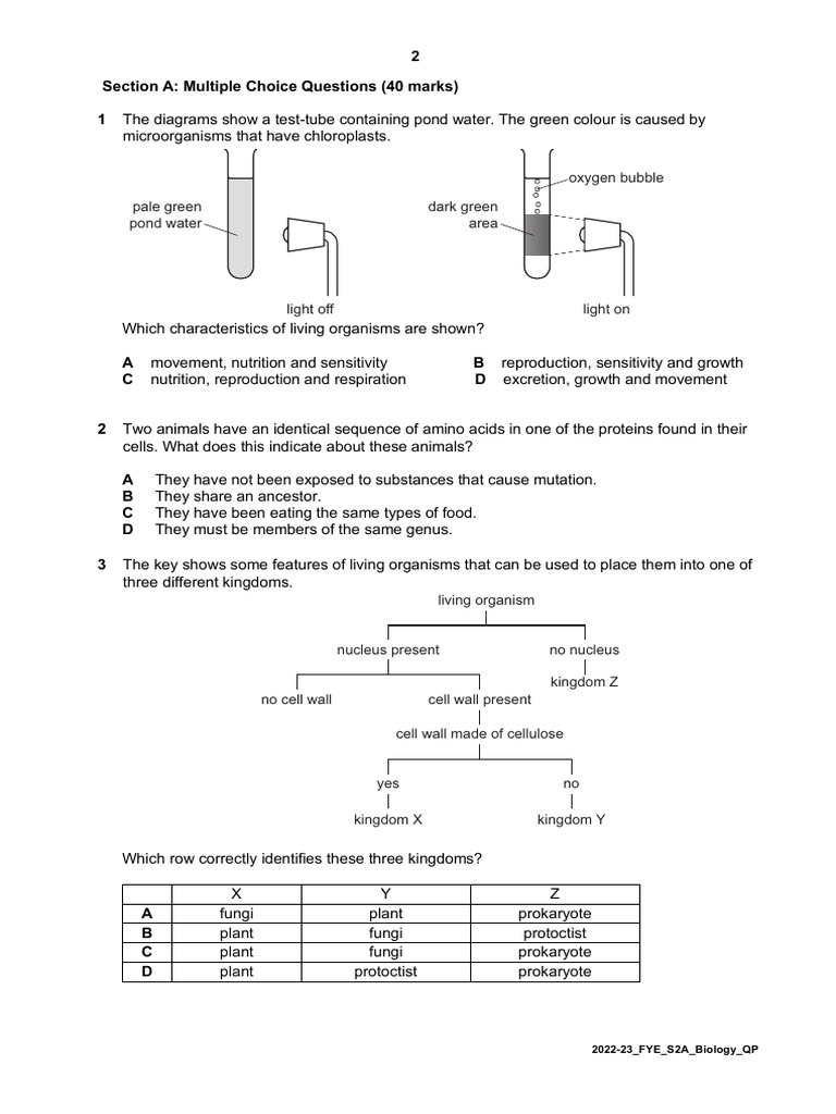 22-23 FYE S2A Biology QP FBP 2 | PDF | Artery | Blood