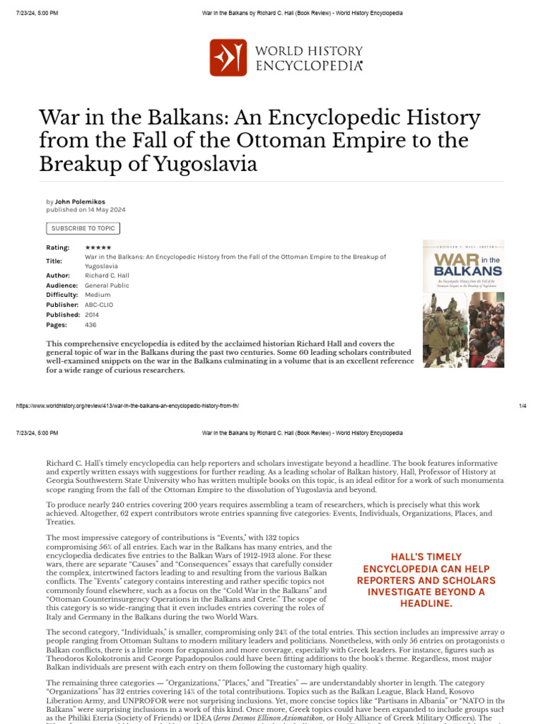 War in The Balkans by Richard C. Hall (Book Review) - World History ...