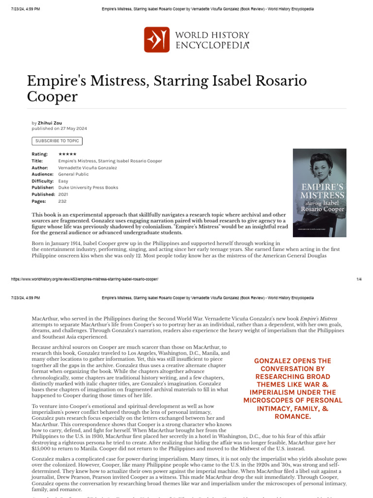 Empire's Mistress, Starring Isabel Rosario Cooper by Vernadette Vicuña Gonzalez (Book Review ...