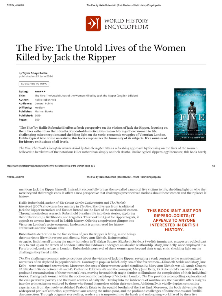 The Five by Hallie Rubenhold (Book Review) - World History Encyclopedia | PDF | Jack The Ripper