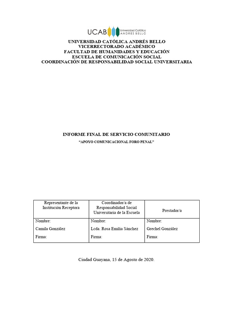 INFORME FINAL DE SERVICIO COMUNITARIO Grechel | PDF