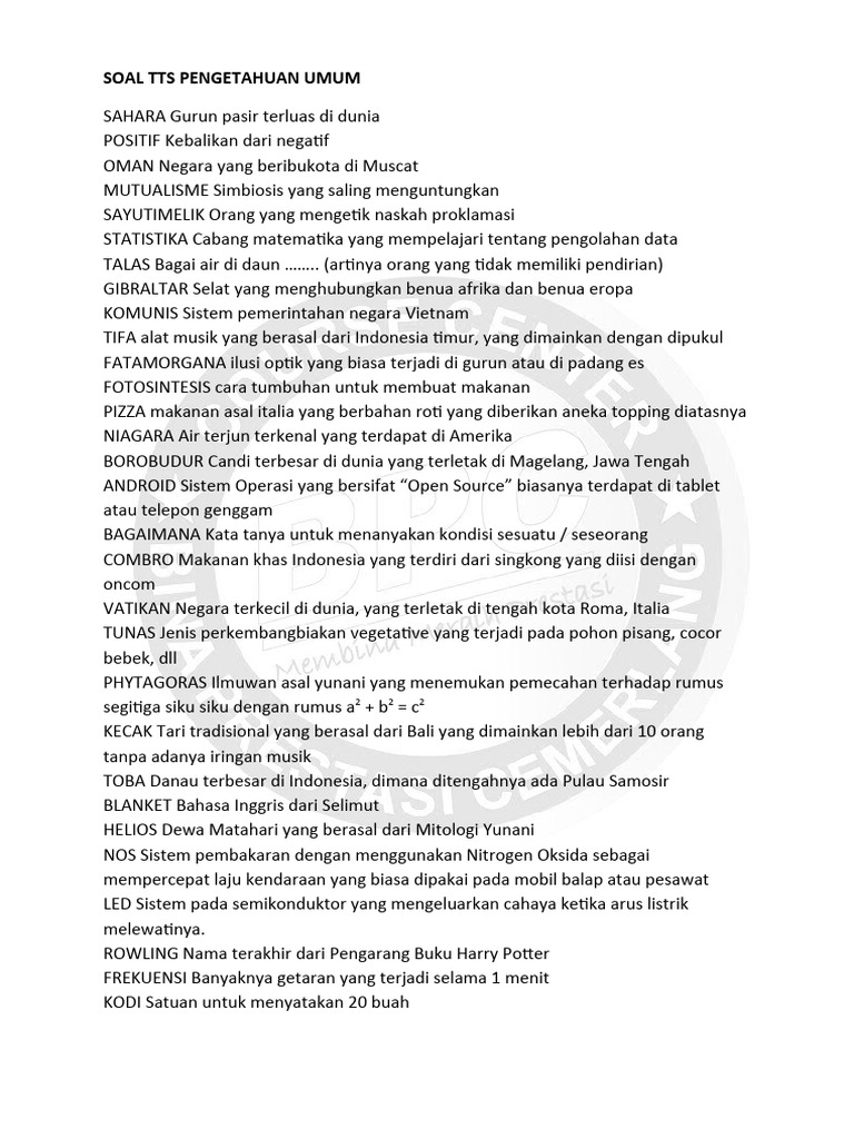 Soal TTS Pengetahuan Umum (AutoRecovered) | PDF