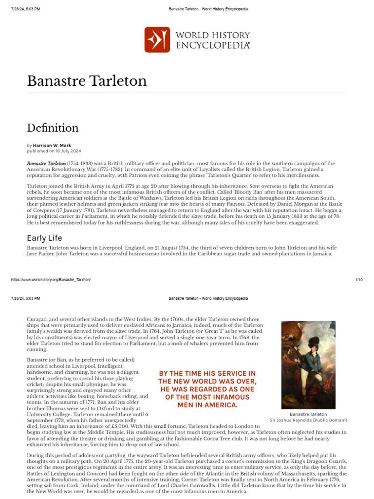 Banastre Tarleton - World History Encyclopedia | PDF | American ...