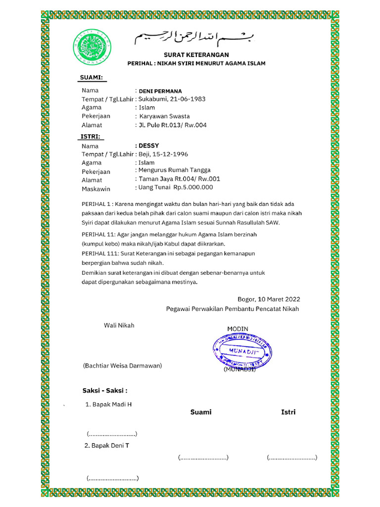 Surat Nikah siri Deni permana | PDF