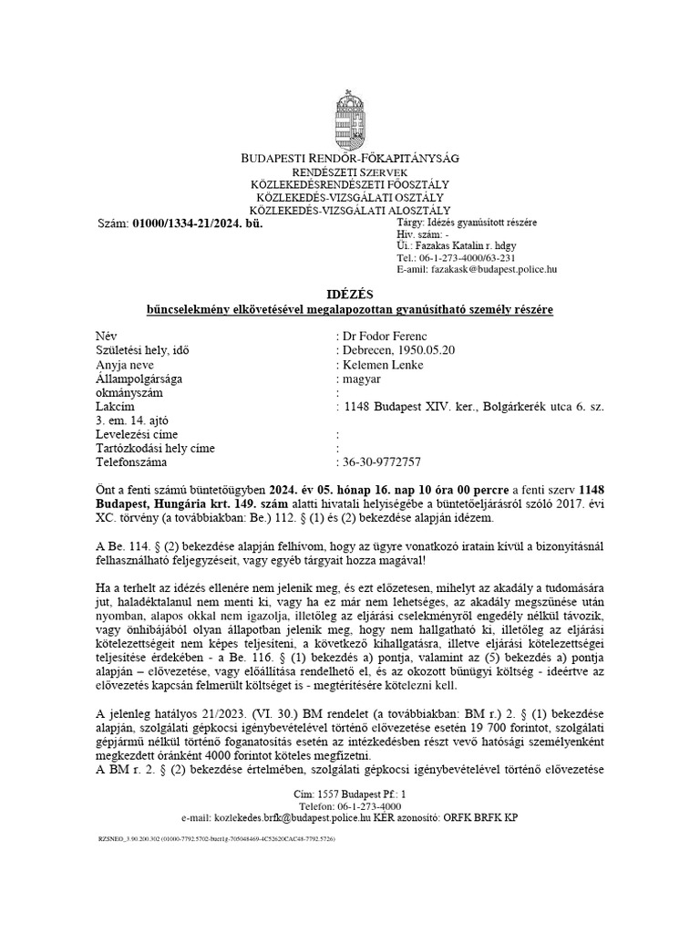 DR Fodor Ferenc - Idézés Gyanúsított Részére (05.16.) - Signed | PDF