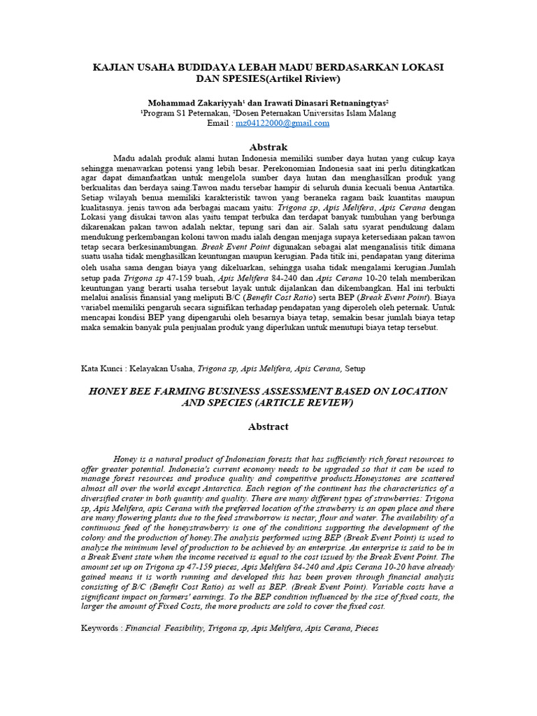 Artikel Riview Kajian Usaha Budidaya Lebah Madu Berdasarkan Lokasi Dan Species - Mohammad ...