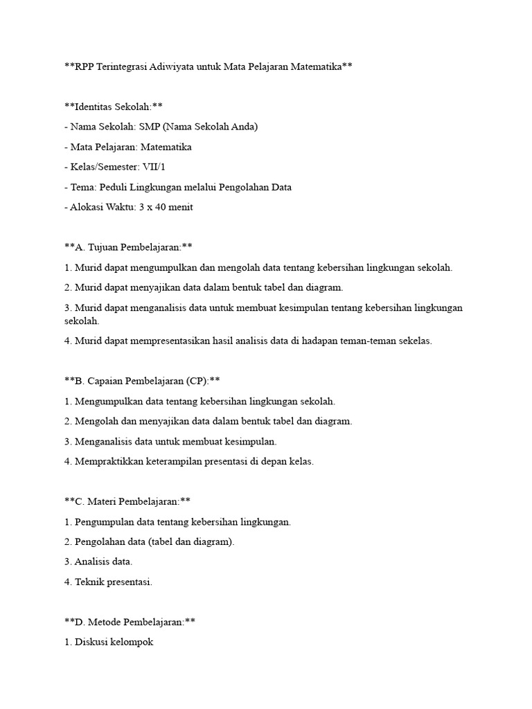 RPP Terintegrasi Adiwiyata Mapel Matematika | PDF