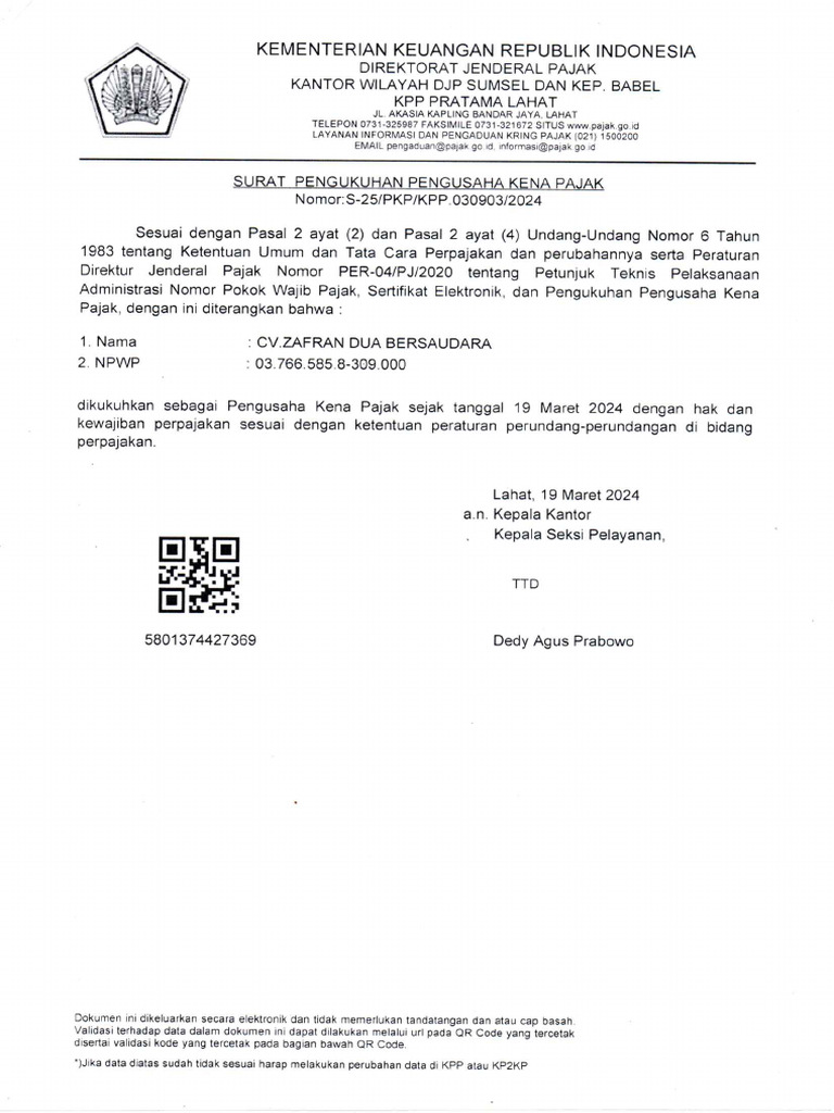 Surat Pengukuhan PKP CV. Zafran | PDF