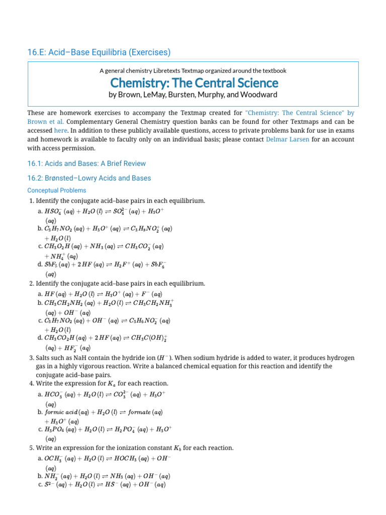16.E Acid-Base Equilibria (Exercises) - Chemistry LibreTexts | PDF | Acid Dissociation Constant ...