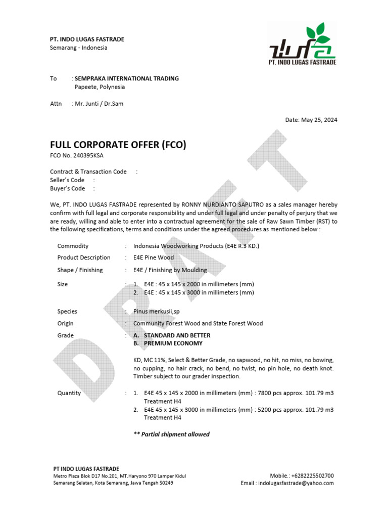 FCO for Raw Sawn Timber Supply | PDF | Business