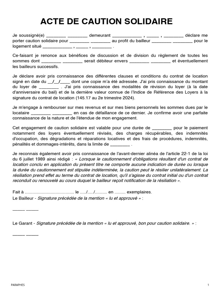 Acte de Caution Solidaire pour Location | PDF | Cautionnement | Location