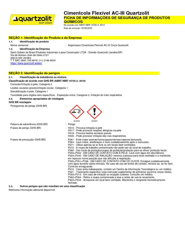 FISPQ Cimentcola Flexvel AC-III - 2023 | PDF | Queimadura | Desperdício