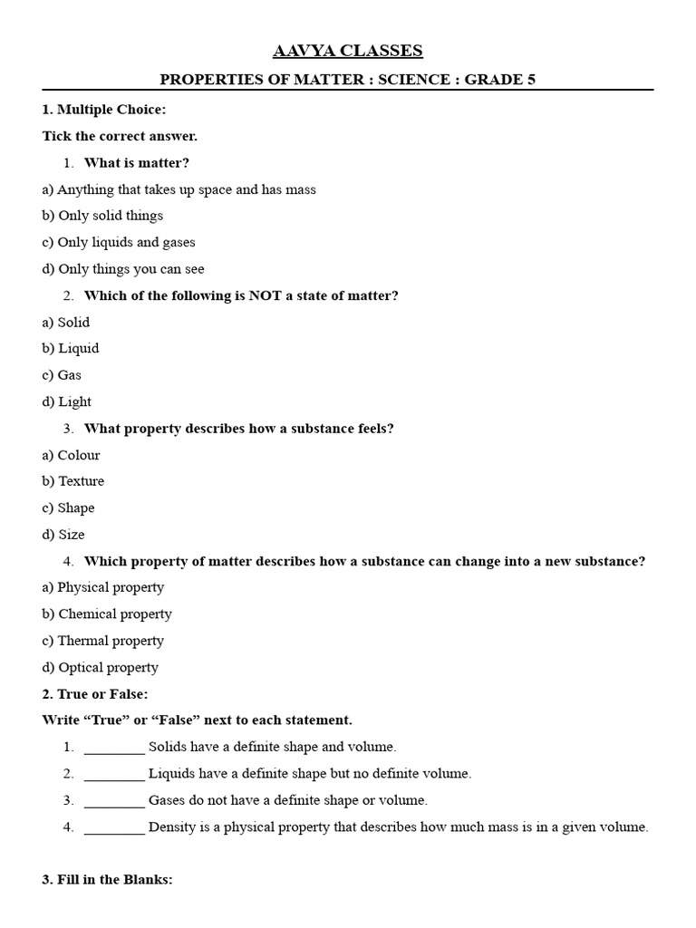 Grade 5 Properties of Matter Worksheet | PDF