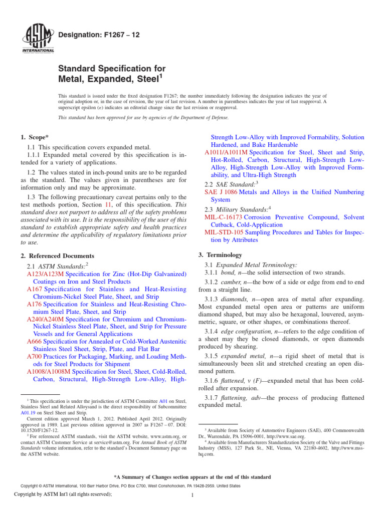 Metal, Expanded, Steel: Standard Specification For | PDF | Sheet Metal | Steel