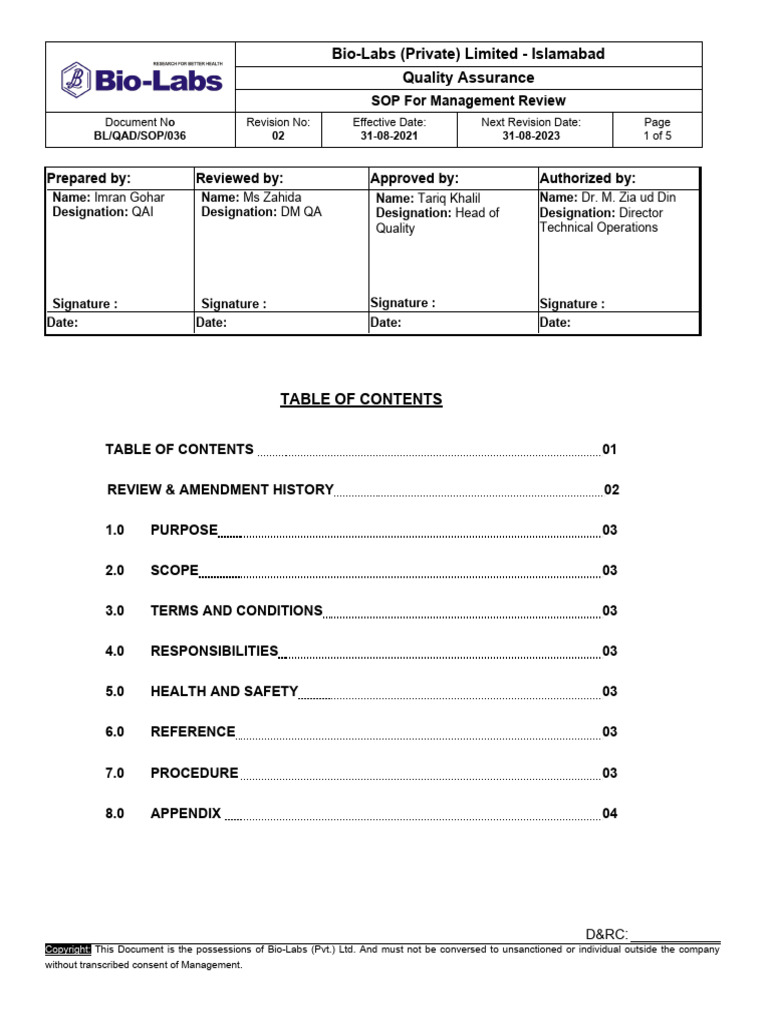 BL-QAD-SOP-036 - 02 - Management Review | PDF | Audit | Quality Assurance