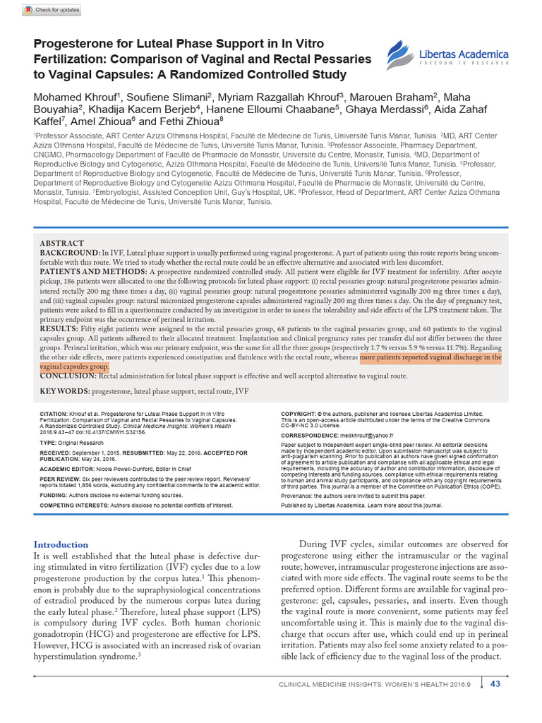 Khrouf Et Al 2017 Progesterone For Luteal Phase Support In In Vitro Fertilization Comparison Of