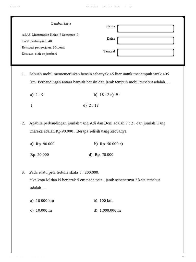 ASAS Matematika Kelas 7 Semester 2 - Quizizz | PDF