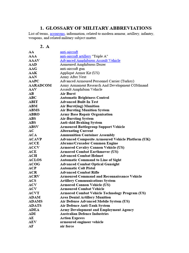 Military Abbreviations Guide | PDF | Armoured Fighting Vehicles | Artillery