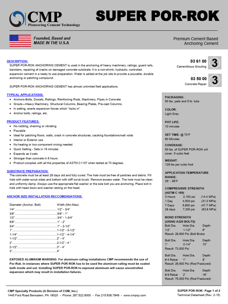 Super-Por-Rok Product Data Sheet | PDF | Concrete | Screw