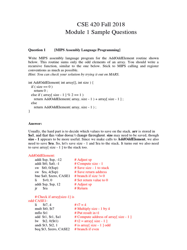 CSE 420 Fall 2018 Module 1 Sample Questi | PDF | Central Processing Unit | Assembly Language