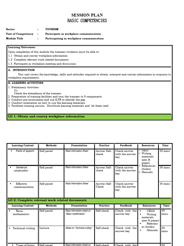 Basic Competencies Participate Work Place Communication Session Plan | PDF | Information ...