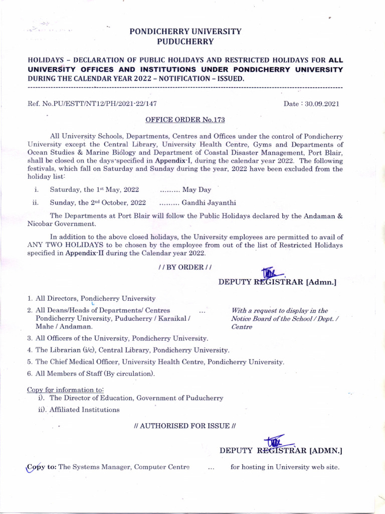 Public Holidays and Restricted Holidays 2022 | PDF