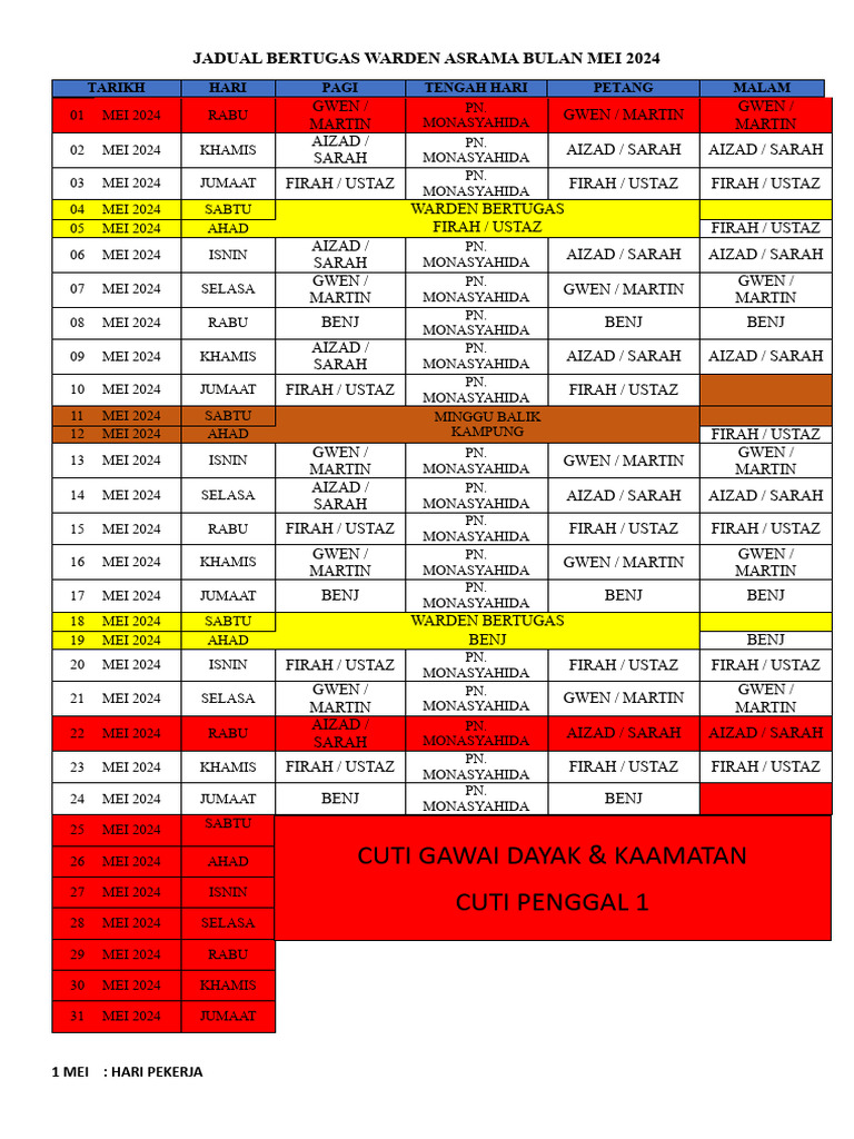 Jadual Bertugas Warden Mei 2024 | PDF
