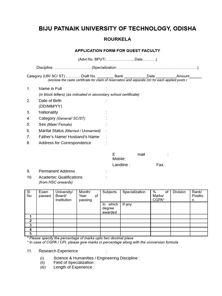 APPLICATION FORMAT - Guest Faculty For CUPGS | PDF