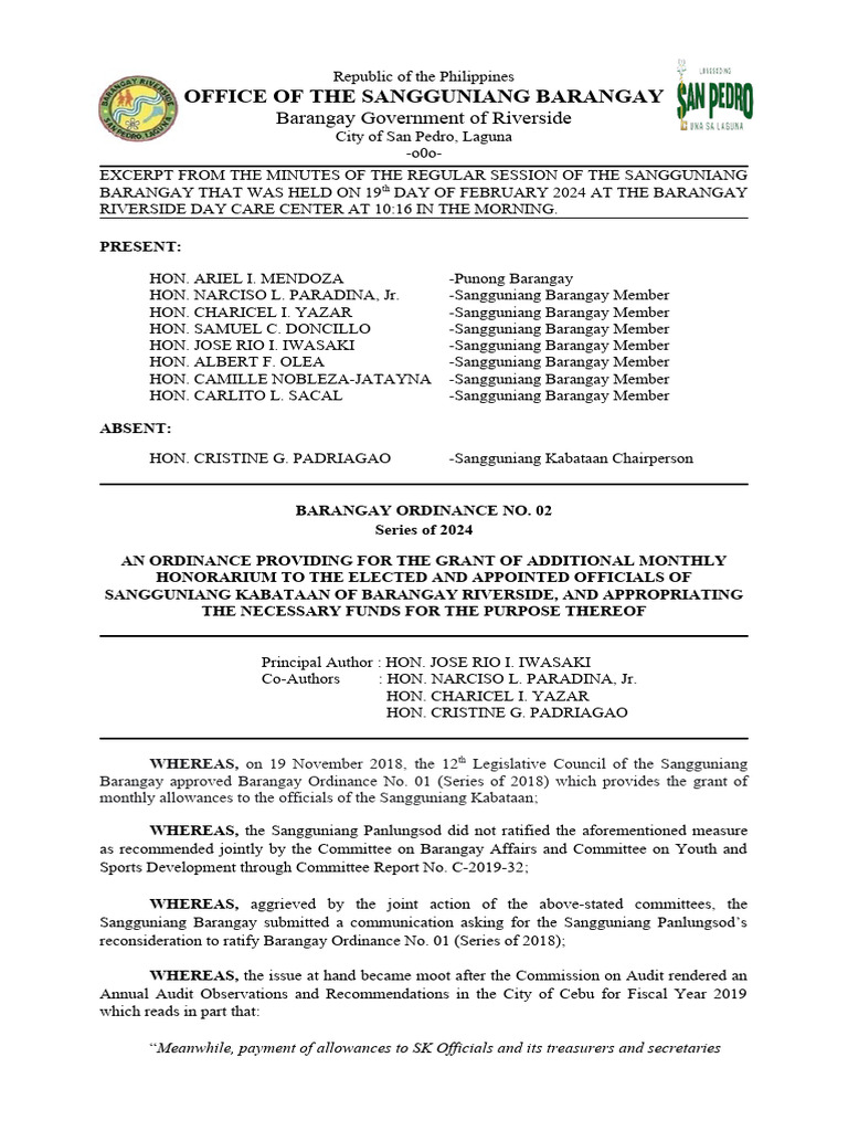 Monthly Honorarium Ordinance 2024 | PDF | Government | Justice