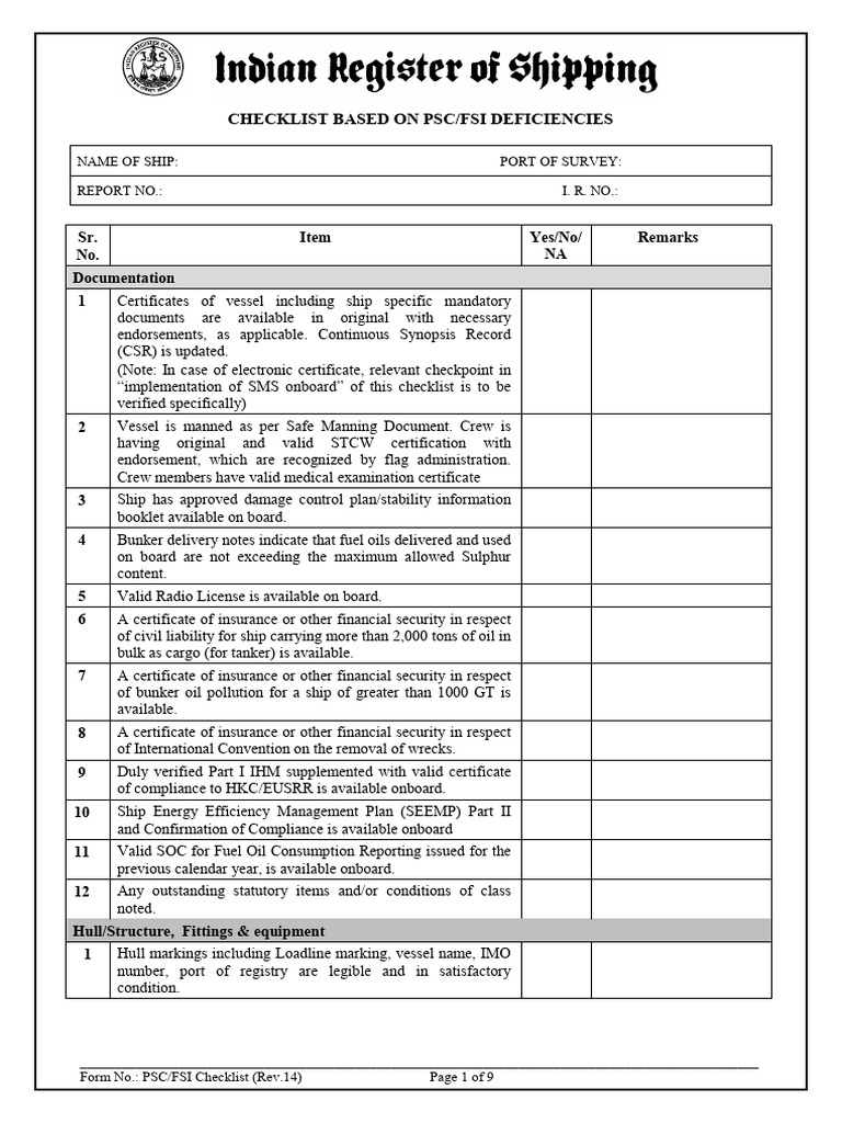 Psc Fsi Checklist Rev14 (1) | PDF
