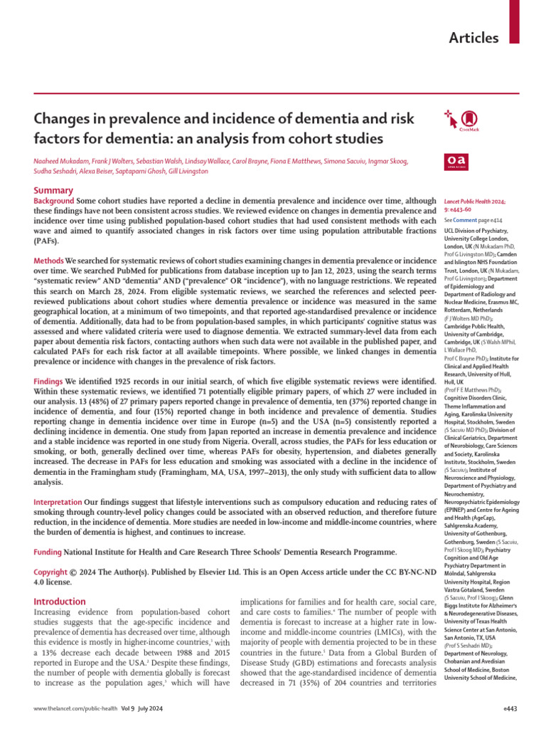 Changes in Prevalence and Incidence of Dementia and Risk Factors - 2024 ...