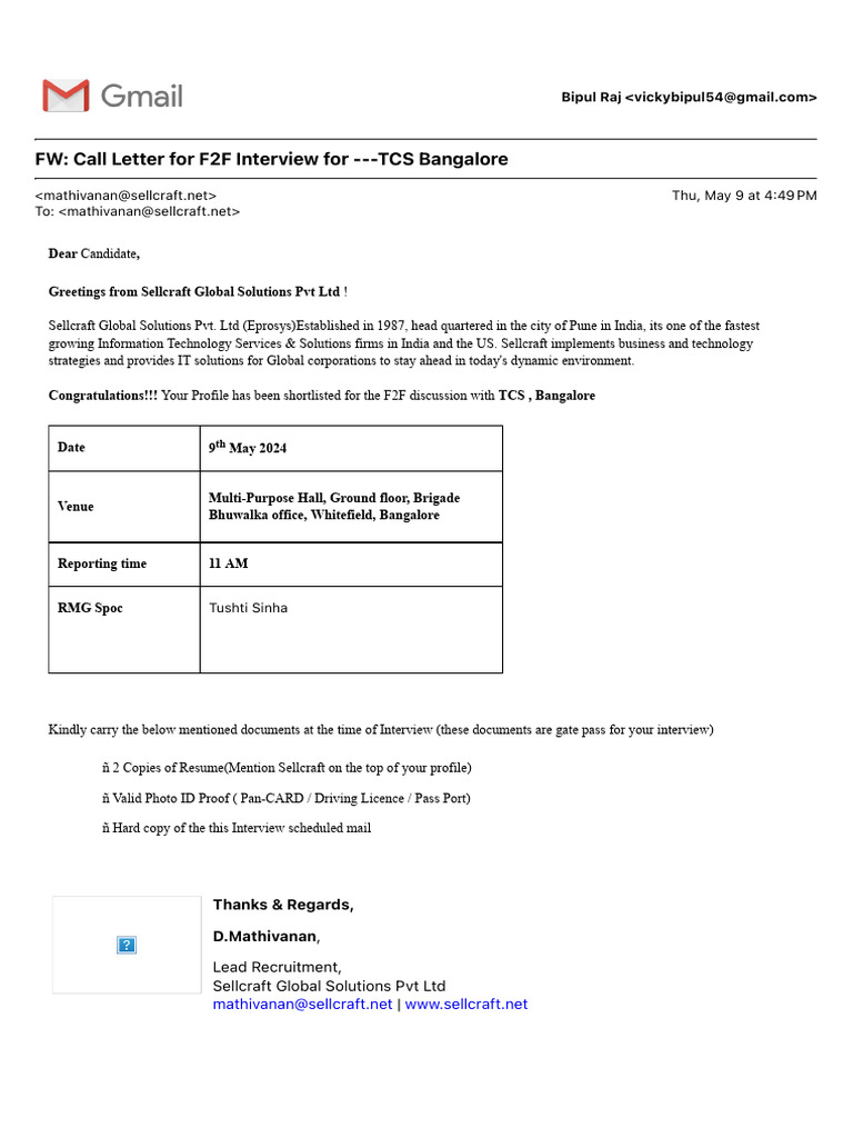 FW: Call Letter For F2F Interview For - TCS Bangalore | PDF