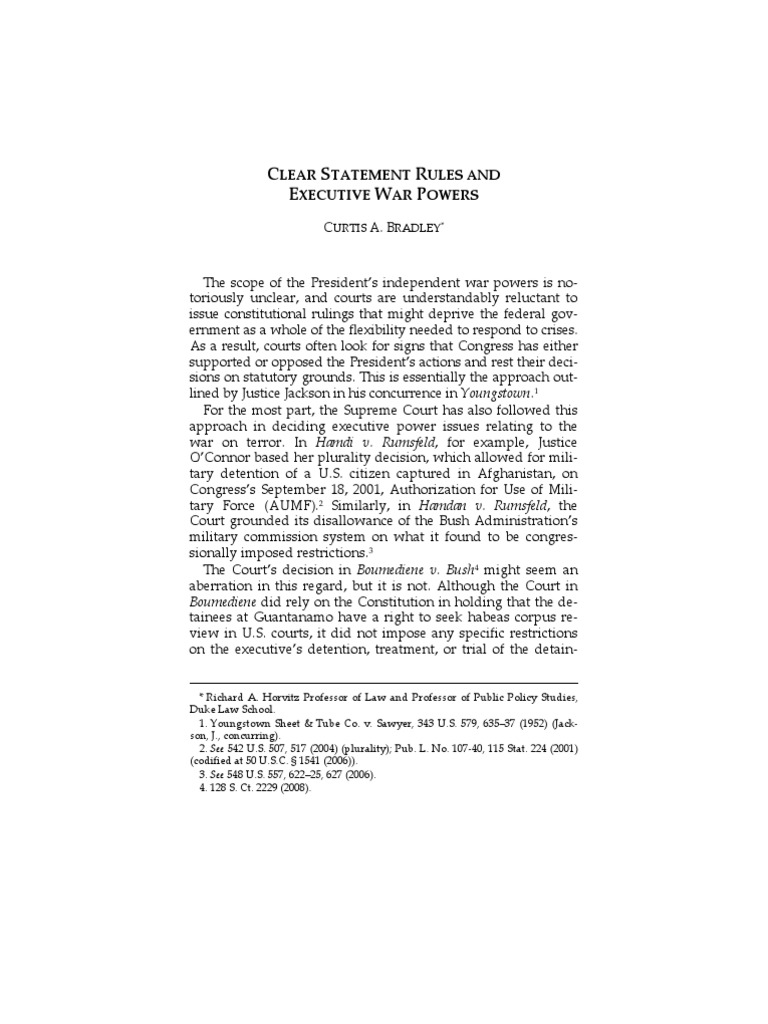 Executive War Powers and Clear Statements | PDF | Enemy Combatant ...