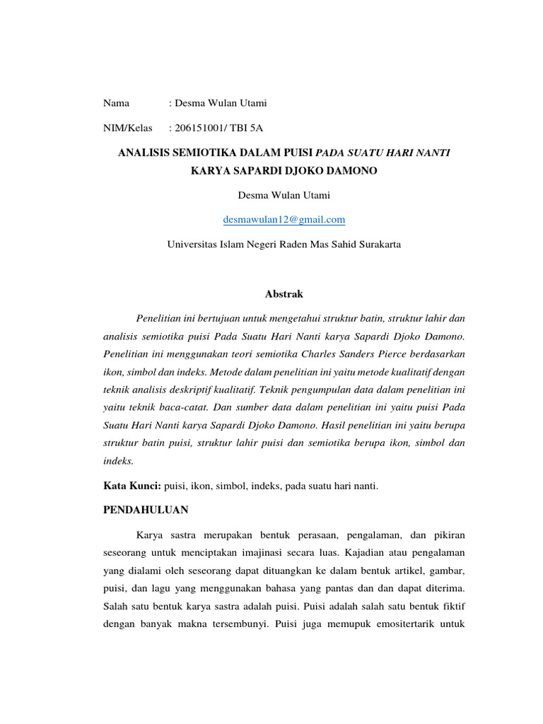 Analisis Semiotika Dalam Puisi Pada Suatu Hari Nanti Karya Sapardi Djoko Damono | PDF