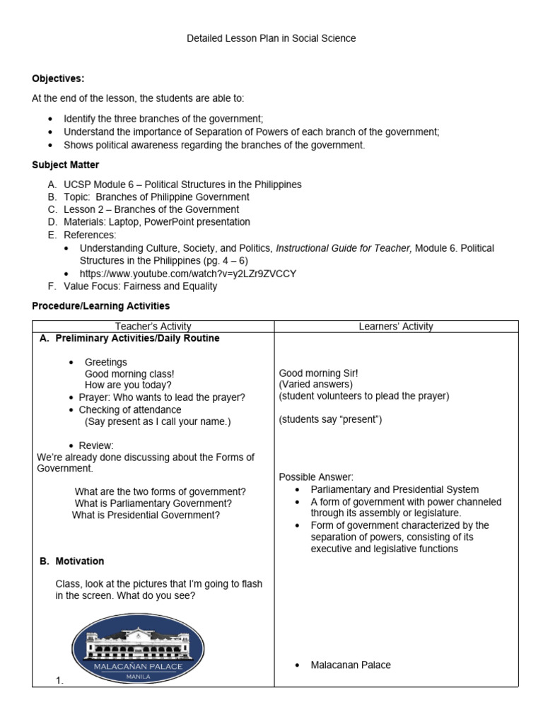 Detailed Lesson Plan in Social Science | PDF | Separation Of Powers ...