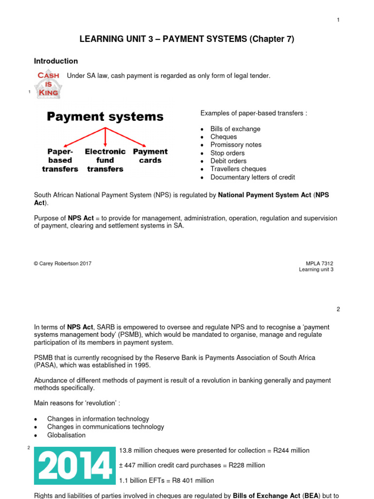 MPLA 7312 - Learning Unit 3 - NOTES | PDF | Cheque | Payments