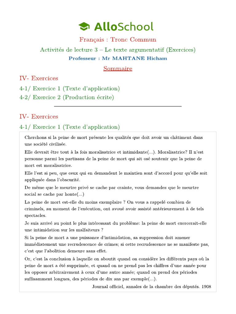 c 1 Le Texte Argumentatif Exercices | PDF