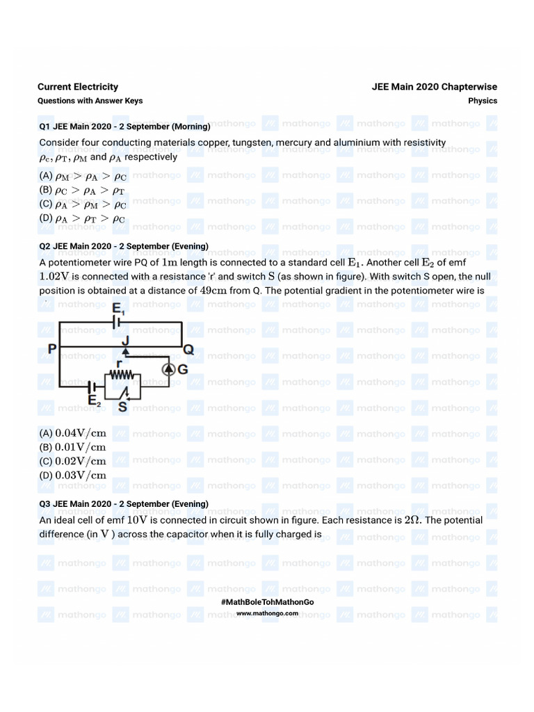 Current Electricity Questions Jee Main 2020 Chapterwise Question Bank ...
