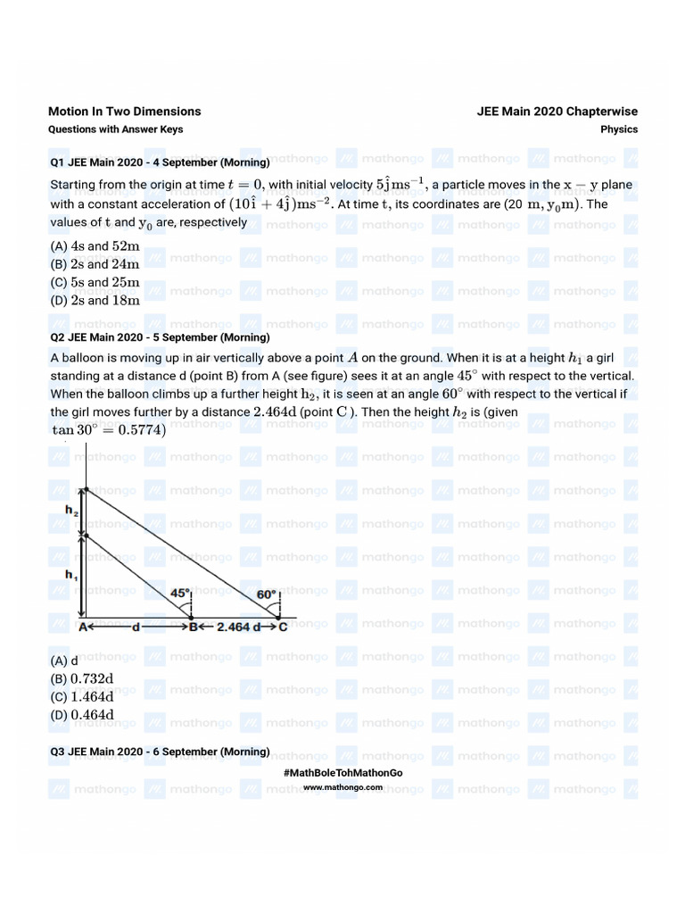 Motion in Two Dimensions Questions Jee Main 2020 Chapterwise Question ...