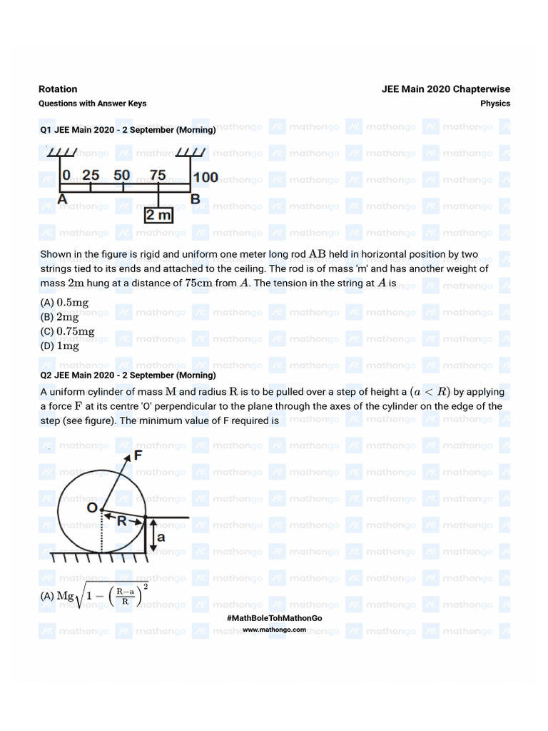 Rotation Questions Jee Main 2020 Chapterwise Question Bank Mathongo | PDF